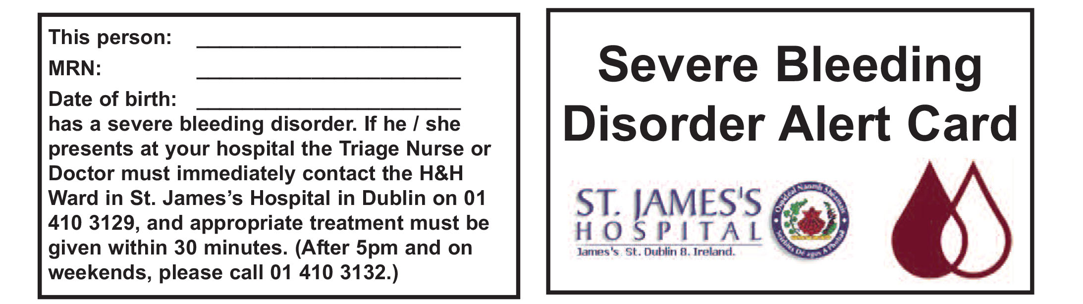 Severe Bleeding Disorder Alert Card - Irish Haemophilia Society